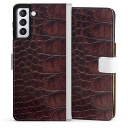 DeinDesign Handyhülle Krokodil Leder Animalprint Croco dark brown, Samsung Galaxy S21+ 5G Hülle Handy Flip Case Wallet Cover, weiß
