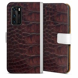 DeinDesign Handyhülle Krokodil Leder Animalprint Croco dark brown, Huawei P40 Hülle Handy Flip Case Wallet Cover Handytasche Leder, weiß