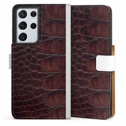 DeinDesign Handyhülle Krokodil Leder Animalprint Croco dark brown, Samsung Galaxy S21 Ultra 5G Hülle Handy Flip Case Wallet Cover, weiß