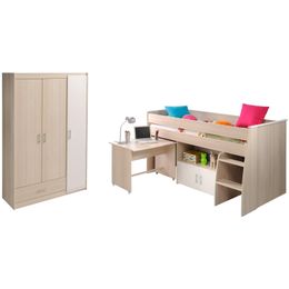 Kinderzimmer Charly Parisot 2-tlg Hochbett + Schreibtisch + Kommode + Kleiderschrank beige - weiß