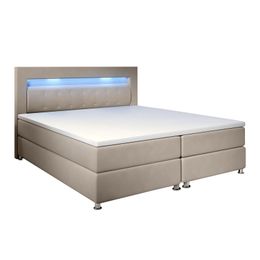 Juskys Boxspringbett Vancouver 140x200 cm - Bett mit LED, Topper & Federkern-Matratzen – Stoff Beige