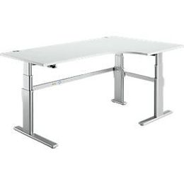 Winkelschreibtisch Komfort, elektrisch höhenverstellbar, 90° Winkel rechts, C-Fuß, B 2000 x T 1200/800 x H 655-1305 mm, lichtgrau/weißaluminium