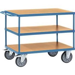 Fetra Tischwagen, schwer, 3 Etagen, 1000 x 700 mm, bis 500/600 kg, Stahl/Holz, blau/buche