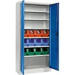 Schäfer Shop Schäfer Shop Select Materialschrank MSI 2409, mit 12 Kästen LF 322, 6 Fachböden, B 950 x T 400 x H 1935 mm, Stahl, lichtgrau/enzianblau