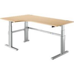 Winkelschreibtisch Komfort, elektrisch höhenverstellbar, 90° Winkel, Ansatz links, C-Fuß, B 2000 x T 1200,00/800 x H 655-1305 mm, Ahorn/weißaluminium