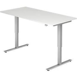 Schreibtisch ULM, elektrisch höhenverstellbar, Rechteck, T-Fuß, B 1600 x T 800 x H 720-1190 mm, lichtgrau/alusilber + Kabelwanne