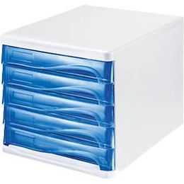 Schubladenbox Helit, 5 Schübe, DIN A4, B 265 x H 250 x T 340 mm, Polypropylen, Gehäuse weiß/Schublade blau transparent