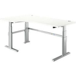 Winkelschreibtisch Komfort, elektrisch höhenverstellbar, 90° Winkel, Ansatz links, C-Fuß, B 2000 x T 1200,00/800 x H 655-1305 mm, weiß/weißaluminium