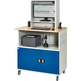 Rau Computer-Station Typ 1023, Monitorfach bis 26“, Ablagefach, Arbeitsplatte, Unterschrank, bis 200 kg, B 1100 x T 790 x H 1890 mm, Stahl/Holz, mobil