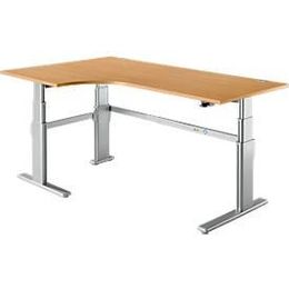 Winkelschreibtisch Komfort, elektrisch höhenverstellbar, 90° Winkel, Ansatz links, C-Fuß, B 2000 x T 1200,00/800 x H 655-1305 mm, Buche/weißaluminium