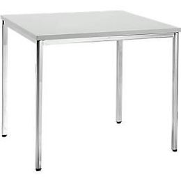 Konferenztisch, bis 4 Personen, Quadrat, 4-Fuß Quadratrohr, B 800 x T 800 x H 720 mm, lichtgrau/chromsilber