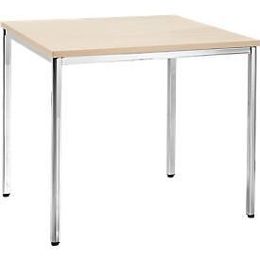 Konferenztisch, bis 4 Personen, Quadrat, 4-Fuß Quadratrohr, B 800 x T 800 x H 720 mm, Ahorn/chromsilber