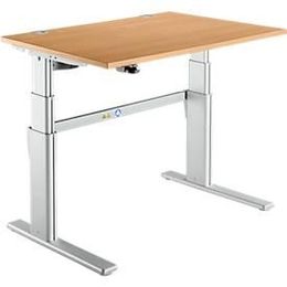 Schreibtisch Komfort, elektrisch höhenverstellbar, Rechteck, C-Fuß, B 1200 x T 800 x H 655-1305 mm, Buche/weißaluminium RAL 9006