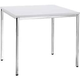 Konferenztisch, bis 4 Personen, Quadrat, 4-Fuß Quadratrohr, B 800 x T 800 x H 720 mm, weiß/chromsilber