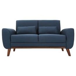 Miliboo Design-Sofa 2 Plätze Stoff Blau und Füße Nussbaum EKTOR