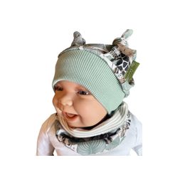 kennydoo Erstausstattungspaket Baby Loop & Mütze im Set / Giraffenmotive/Streifen unisex / Handmade Halssocke (Schlauchschal) und Knotenmütze für Babys + Kleinkinder