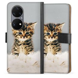 DeinDesign Handyhülle Katze Haustier Feder Kitty, Huawei P50 Pro Hülle Handy Flip Case Wallet Cover Handytasche Leder, schwarz