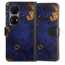 DeinDesign Handyhülle Marmor Gold Utart Blue and Golden Marble Look, Huawei P50 Pro Hülle Handy Flip Case Wallet Cover Handytasche Leder, schwarz