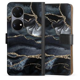DeinDesign Handyhülle Glitzer Look Marmor Trends Dark marble gold Glitter look, Huawei P50 Pro Hülle Handy Flip Case Wallet Cover Handytasche Leder
