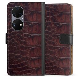 DeinDesign Handyhülle Krokodil Leder Animalprint Croco dark brown, Huawei P50 Pro Hülle Handy Flip Case Wallet Cover Handytasche Leder, schwarz