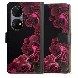 DeinDesign Handyhülle Rose Vintage pink Vintage Rosen auf Schwarz, Huawei P50 Pro Hülle Handy Flip Case Wallet Cover Handytasche Leder