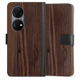DeinDesign Handyhülle Holzoptik Holz Nussbaum Maserung Holzlook, Huawei P50 Pro Hülle Handy Flip Case Wallet Cover Handytasche Leder, schwarz