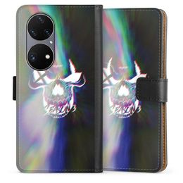 DeinDesign Handyhülle Totenkopf Moji Youtube Glitch Skull, Huawei P50 Pro Hülle Handy Flip Case Wallet Cover Handytasche Leder, schwarz