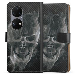 DeinDesign Handyhülle Totenkopf Schädel Carbon Smoke Skull Carbon, Huawei P50 Pro Hülle Handy Flip Case Wallet Cover Handytasche Leder, schwarz