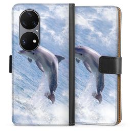 DeinDesign Handyhülle Delfine Meer Wal Springender Delphin, Huawei P50 Pro Hülle Handy Flip Case Wallet Cover Handytasche Leder, schwarz