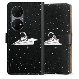 DeinDesign Handyhülle Papier Comic Astronaut Astronaut Paper Plane Comic, Huawei P50 Pro Hülle Handy Flip Case Wallet Cover Handytasche Leder, schwarz
