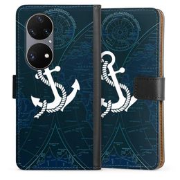 DeinDesign Handyhülle Anker Landkarte Segeln Sailors Style, Huawei P50 Pro Hülle Handy Flip Case Wallet Cover Handytasche Leder, schwarz