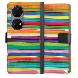 DeinDesign Handyhülle Streifen Wasserfarbe bunt Colorful Stripes1, Huawei P50 Pro Hülle Handy Flip Case Wallet Cover Handytasche Leder, schwarz