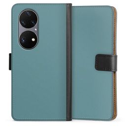 DeinDesign Handyhülle Art Blau einfarbig Petrol, Huawei P50 Pro Hülle Handy Flip Case Wallet Cover Handytasche Leder, schwarz