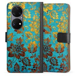 DeinDesign Handyhülle Vintage Ornamente Blumen Blue Vintage, Huawei P50 Pro Hülle Handy Flip Case Wallet Cover Handytasche Leder, schwarz
