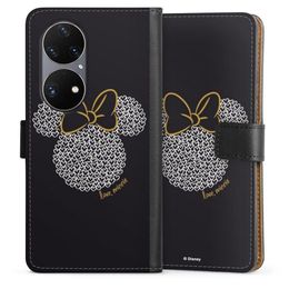 DeinDesign Handyhülle Minnie Mouse Disney Muster Minnie Black and White, Huawei P50 Pro Hülle Handy Flip Case Wallet Cover Handytasche Leder, schwarz