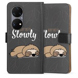 DeinDesign Handyhülle lazy sunday Sprüche Faultier Just Do It Slowly Sloth Grey, Huawei P50 Pro Hülle Handy Flip Case Wallet Cover Handytasche Leder