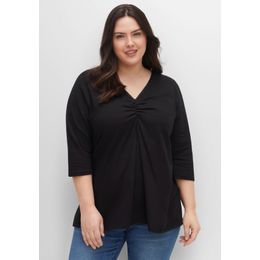 sheego Große Größen: Shirt aus Jersey, mit V-Ausschnitt und Kellerfalte, schwarz, Gr.52/54