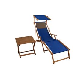 ERST-HOLZ Gartenliege Sonnenliege blau Strandliege Holzliege Fußteil Sonnendach Tisch Kissen