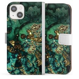 DeinDesign Handyhülle Marmor Glitzer Look Muster Cyan Glitter Marble Look, Apple iPhone 14 Hülle Handy Flip Case Wallet Cover Handytasche Leder, weiß