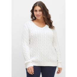 sheego Große Größen: Pullover mit Zopfmuster und V-Ausschnitt, weiß, Gr.40/42