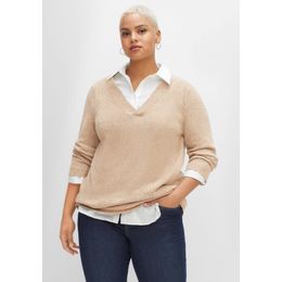 sheego Große Größen: Pullover mit V-Ausschnitt und breiter Blende, cappuccino meliert, Gr.56/58