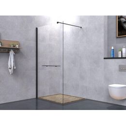 Welltime Walk-in-Dusche Plus, Einscheibensicherheitsglas, Duschwand inkl. Ablage mit Handtuchhalter, mit Aluminium-Wandprofil, schwarz