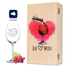 GRAVURZEILE Rotweinglas Leonardo Weinglas mit Gravur - Ich Liebe Wein - inkl. Holzkiste, Glas, graviertes Geschenk für Partner, Freunde & Familie