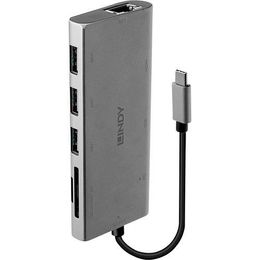Lindy 43278 USB-C® Konverter [1x USB-C® Stecker - 3x USB 3.2 Gen 1 Buchse A (USB 3.0), VGA-Buchse, HDMI-Buchse, RJ45-Buchse, USB-C® Buchse, SD-Karten-Slot,
