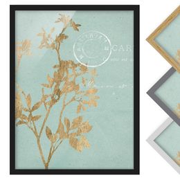 Blumen Bild mit Rahmen Goldene Bl&auml;tter auf Turquoise I