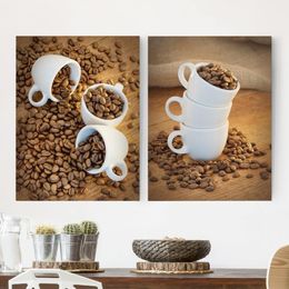 2-teiliges Leinwandbild Küche 3 Espressotassen mit Kaffeebohnen