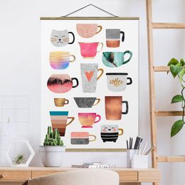 Stoffbild mit Posterleisten Bunte Tassen mit Gold