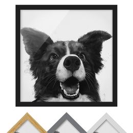 Bilderwelten Bild mit Rahmen Tiere schwarz weiss Pop Art Aquarell - Illustration Hund Border Collie Schwarz Wei&szlig; Malerei - Hund Wohnzimmer Schlafzimmer