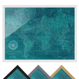 Bilderwelten Bild mit Rahmen Stadt-, Land- & Weltkarte Vintage Weltkarte Azurblau Poster FineArt Wandbilder Kunstdruck 4 Rahmen-Farben