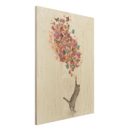 Holzbild Illustration Katze mit bunten Schmetterlingen Malerei